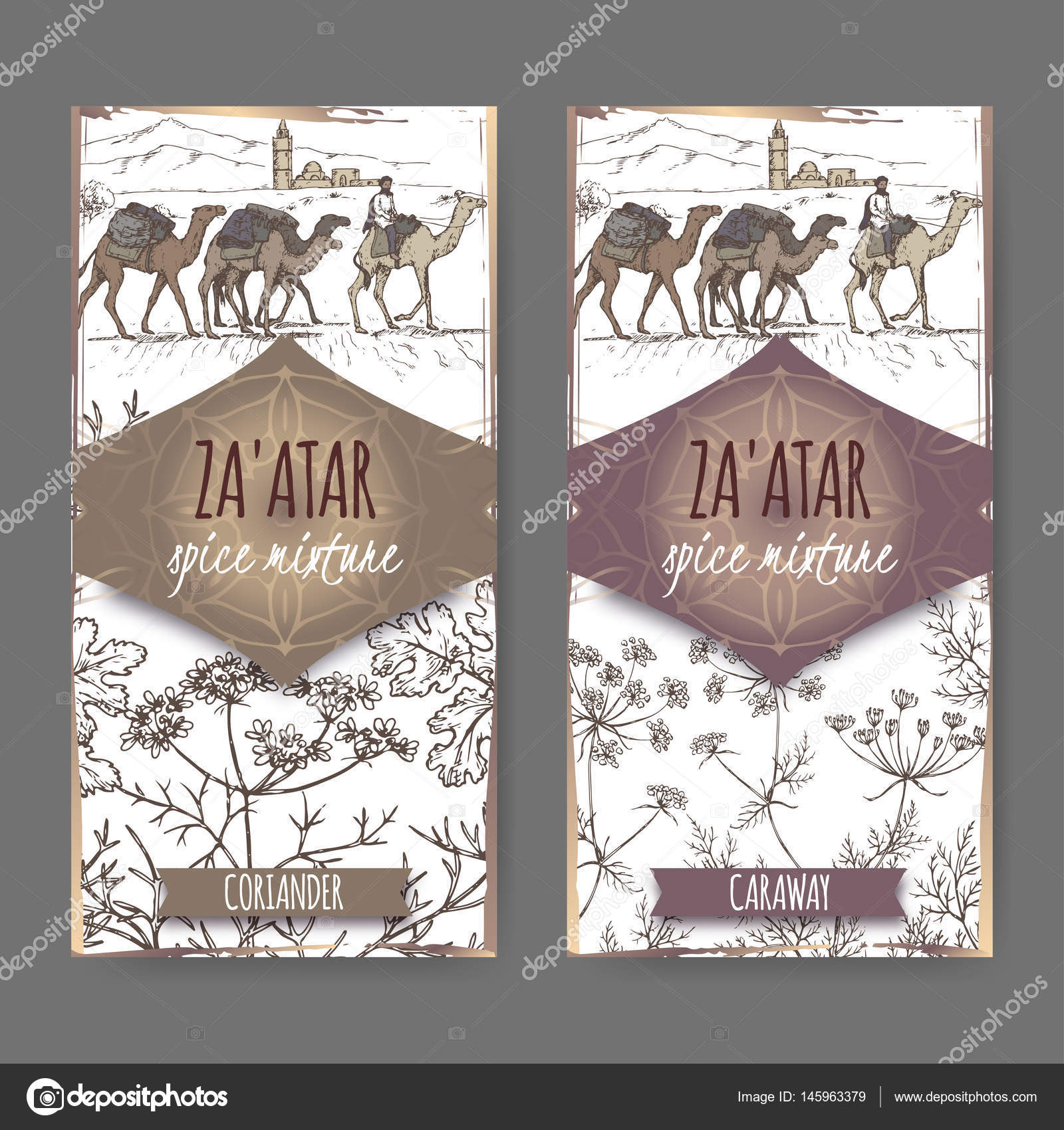 Two Zaatar labels with Jerusalem landscape, coriander and caraway ...