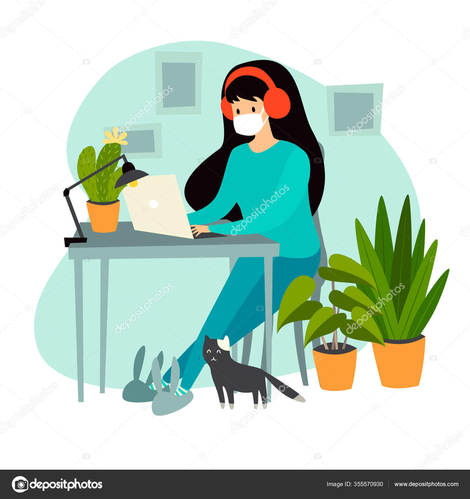 Self Isolation Woman Laptop Working Home Vector Illustration ...