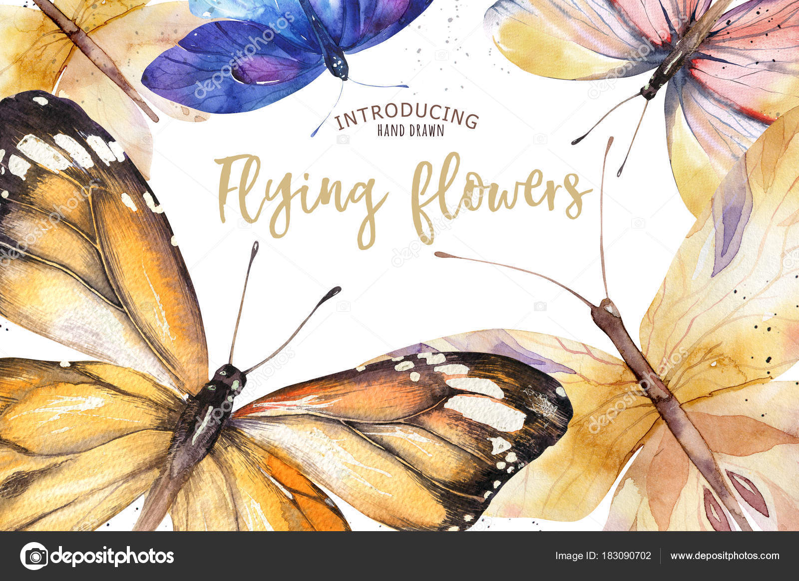 Set of watercolor boho butterfly. Vintage summer isolated spring art ...