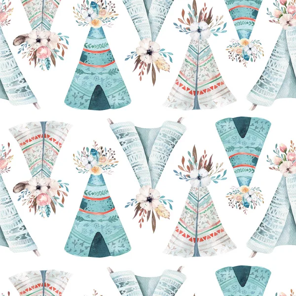 Hand drawn watercolor tribal teepee, isolated white campsite tent. Boho ...