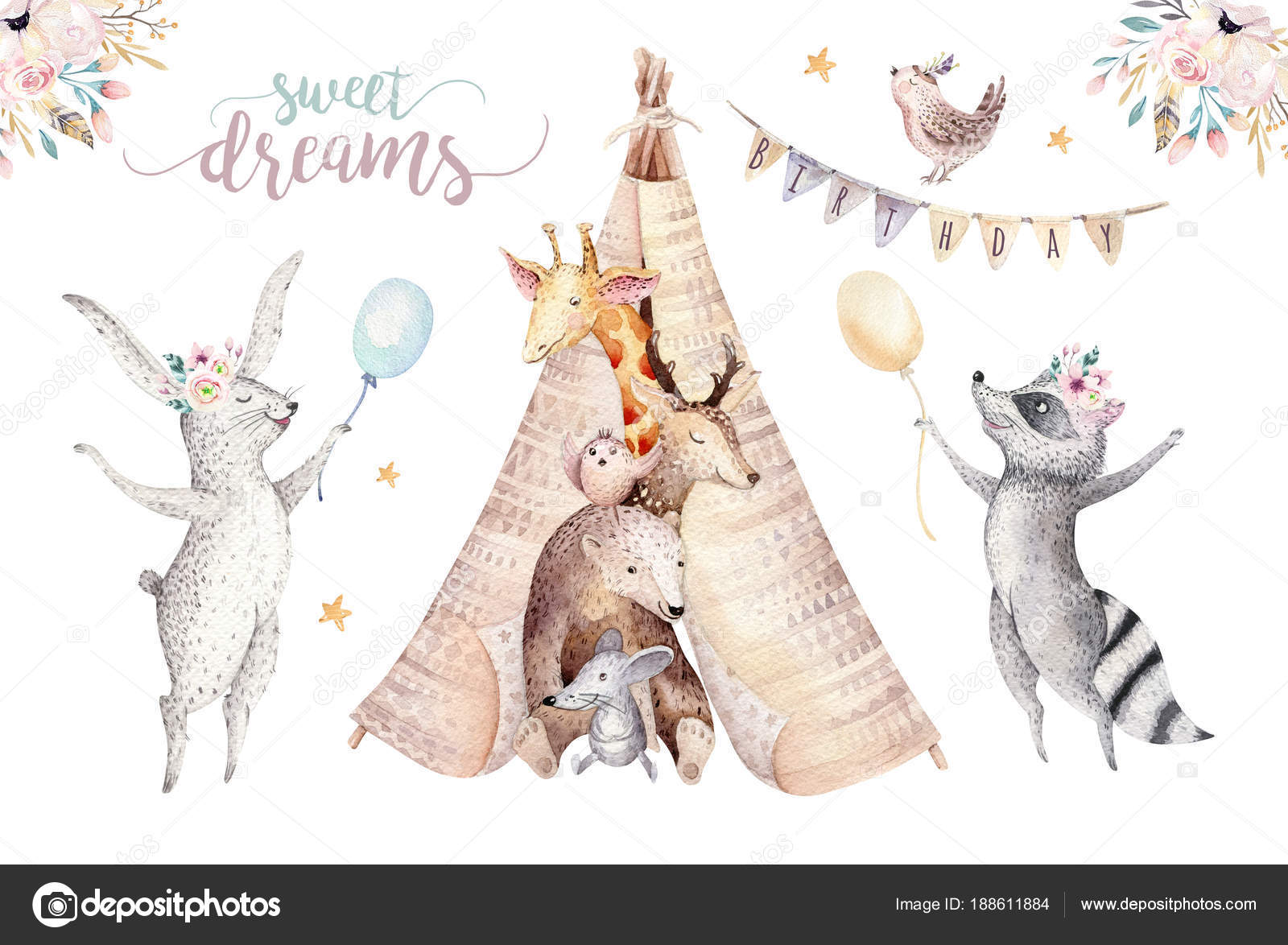 Cute baby giraffe, deer animal nursery mouse and bear, raccoon and ...