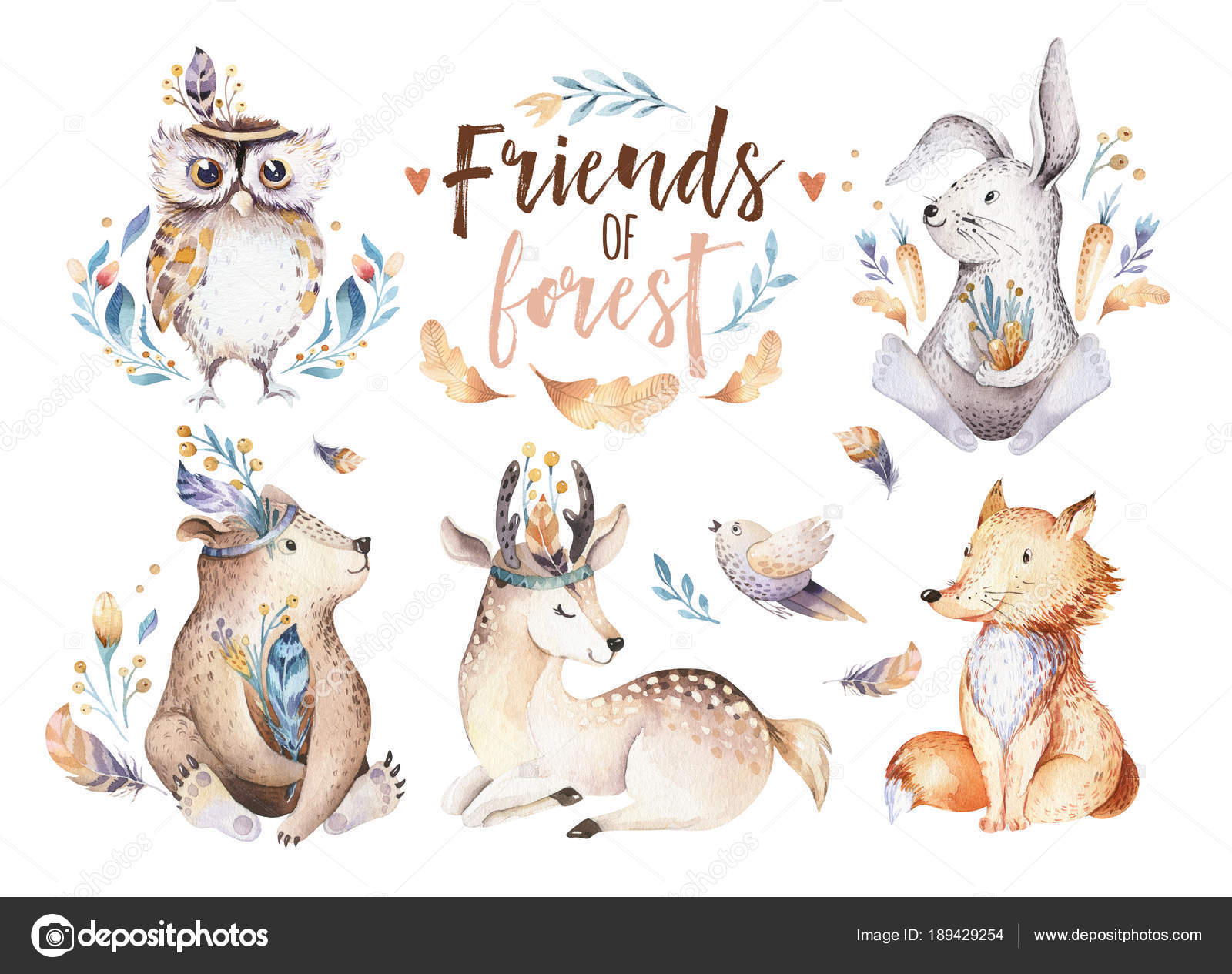 Cute Watercolor Bohemian Forest Animals Kindergarten Stock Photo by ...