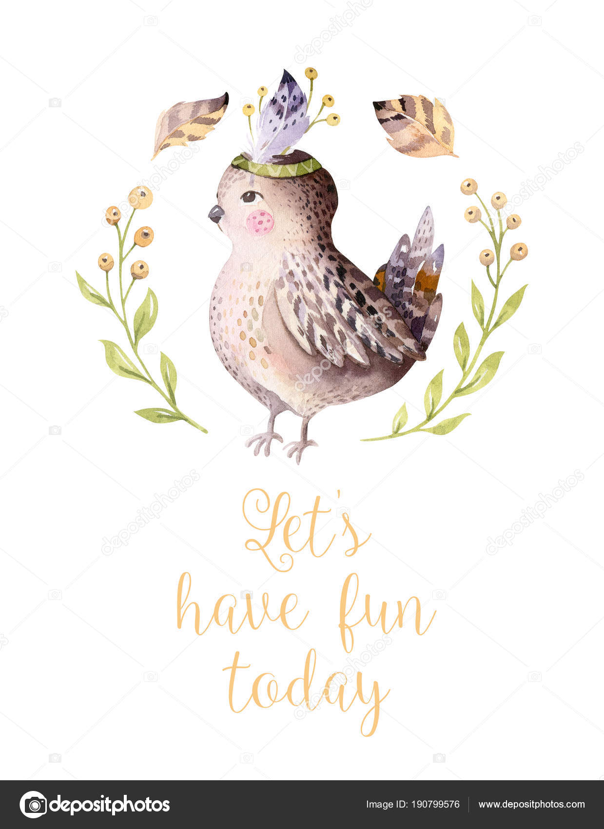 Watercolor Cartoon Bird Floral Wreath Let's Have Fun Today Text Stock ...