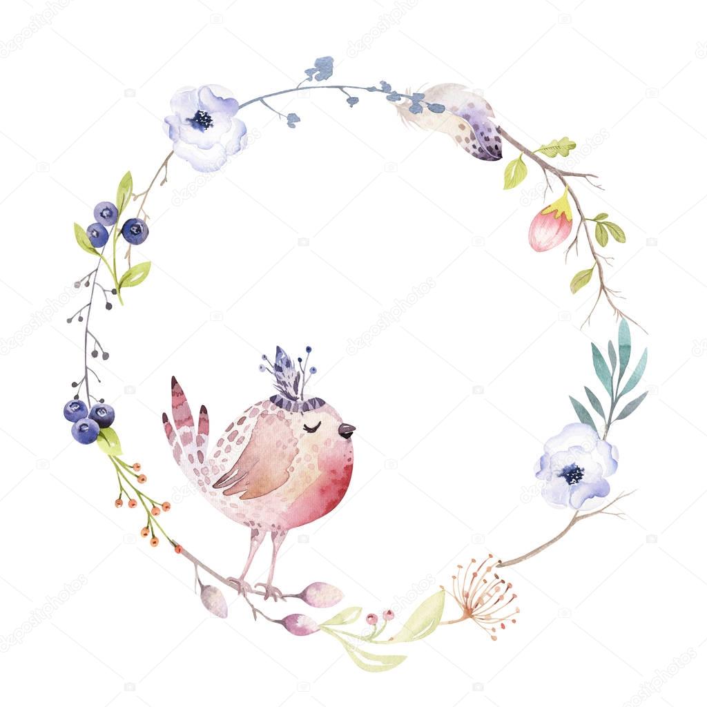Watercolor boho floral wreath. Bohemian natural frame: leaves, feathers ...