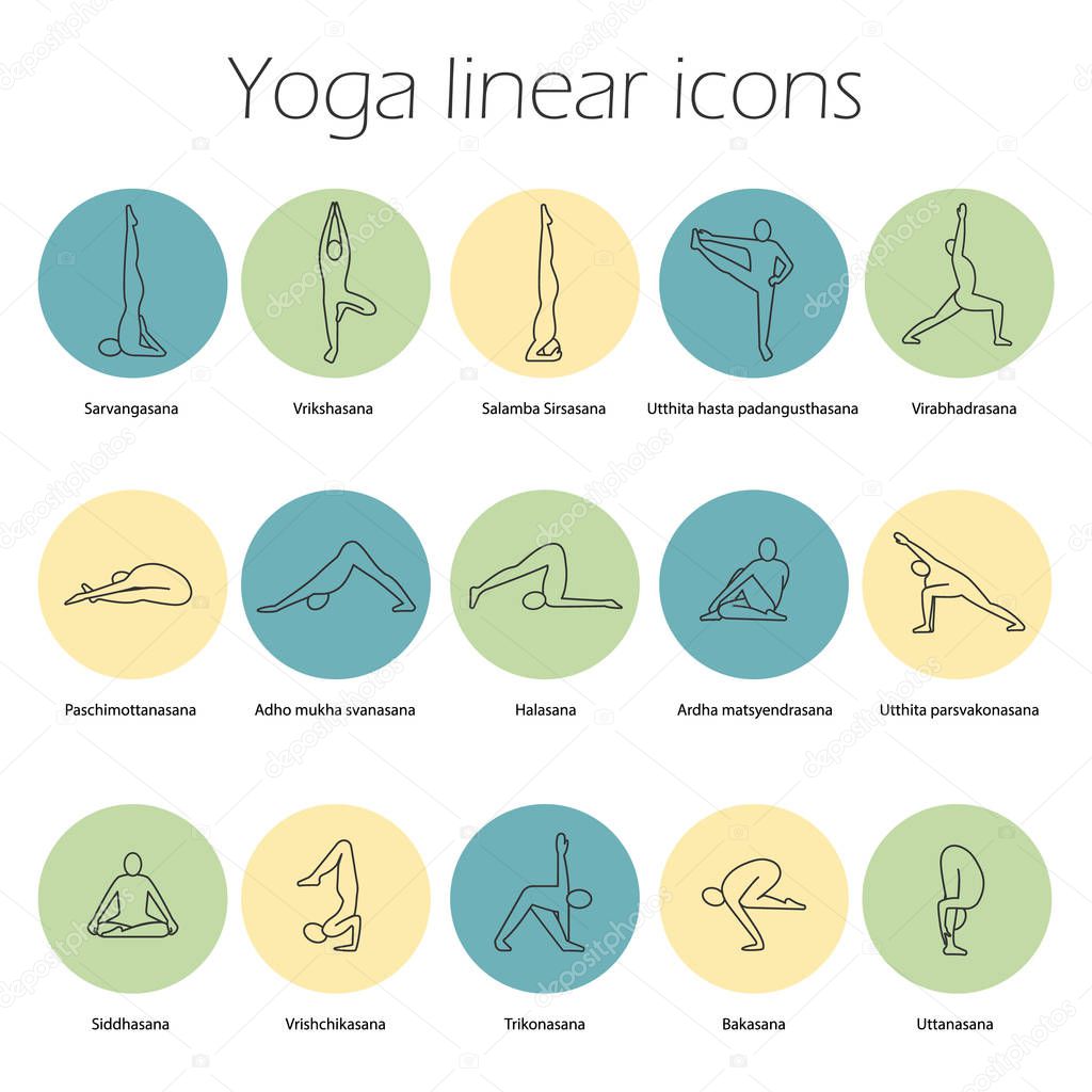 Yoga poses linear icons set — Stock Vector © bsd #153458618