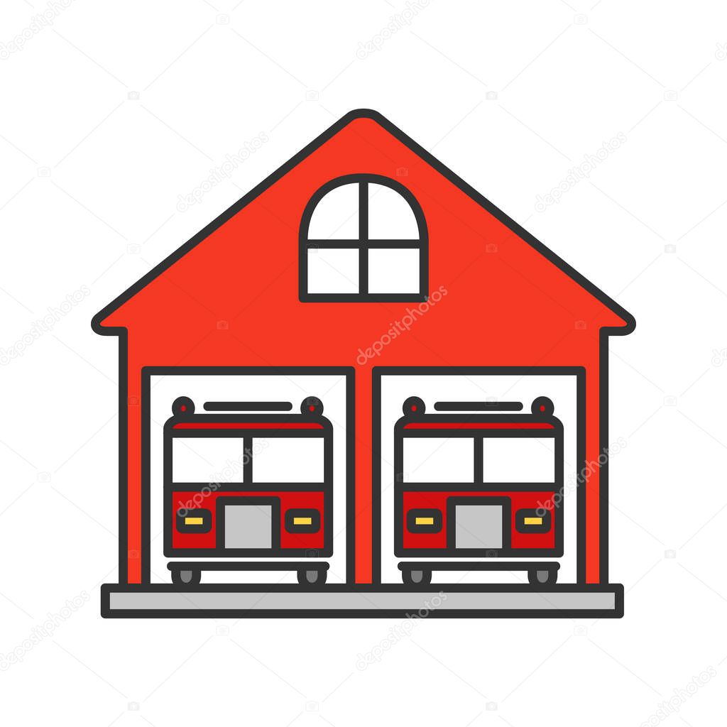 Estaci n de bomberos icono de color. Estaci n de bomberos. Garaje con dos camiones de bomberos ...