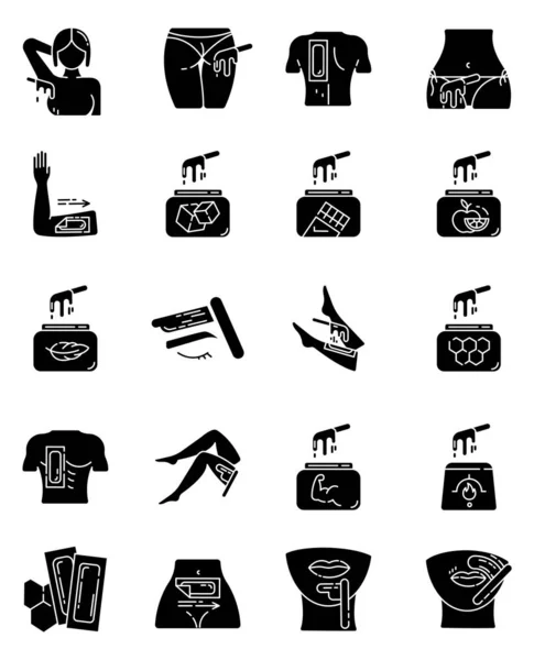 Waxing linear icons set. Female, male hair removal procedure. Cold, hot wax in jar with spatula ...