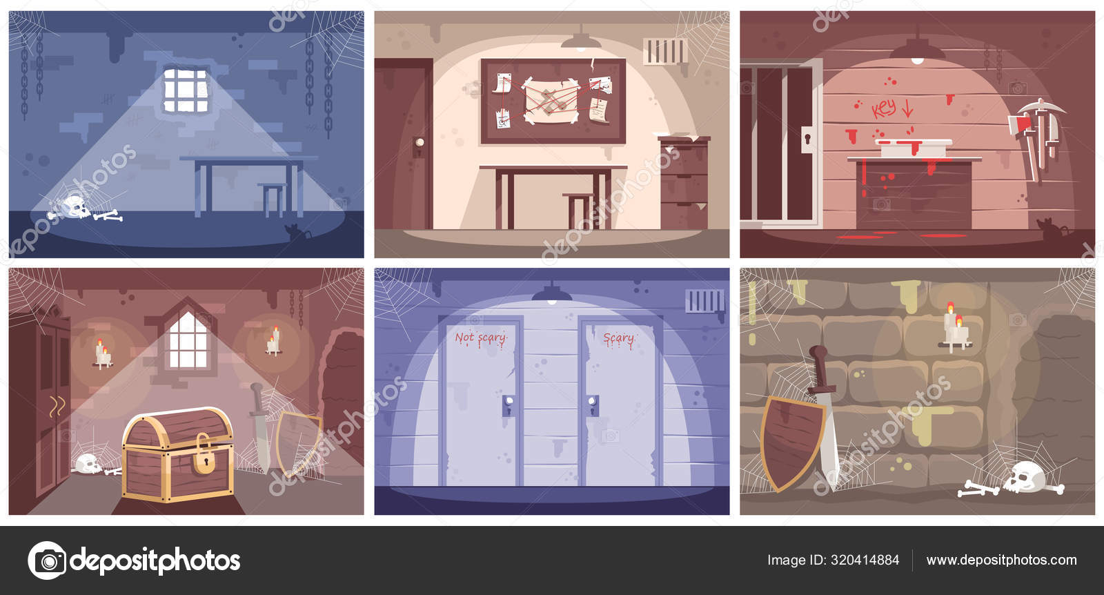 Empty Escape Room Flat Vector Illustrations Set Labyrinth Prison Cell ...