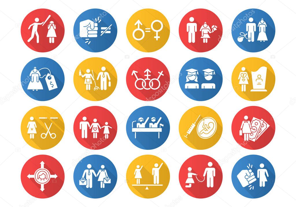 Igualdad De Género Plano Diseño Largo Sombra Glifo Iconos Conjunto