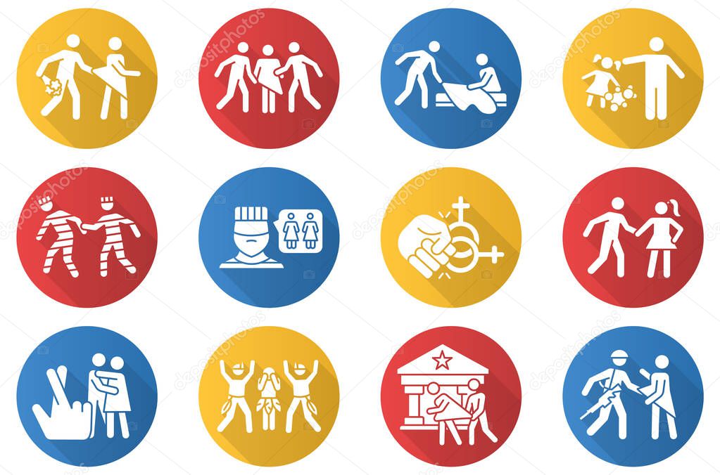 Tipos de violación diseño plano largo conjunto de iconos glifo sombra ...