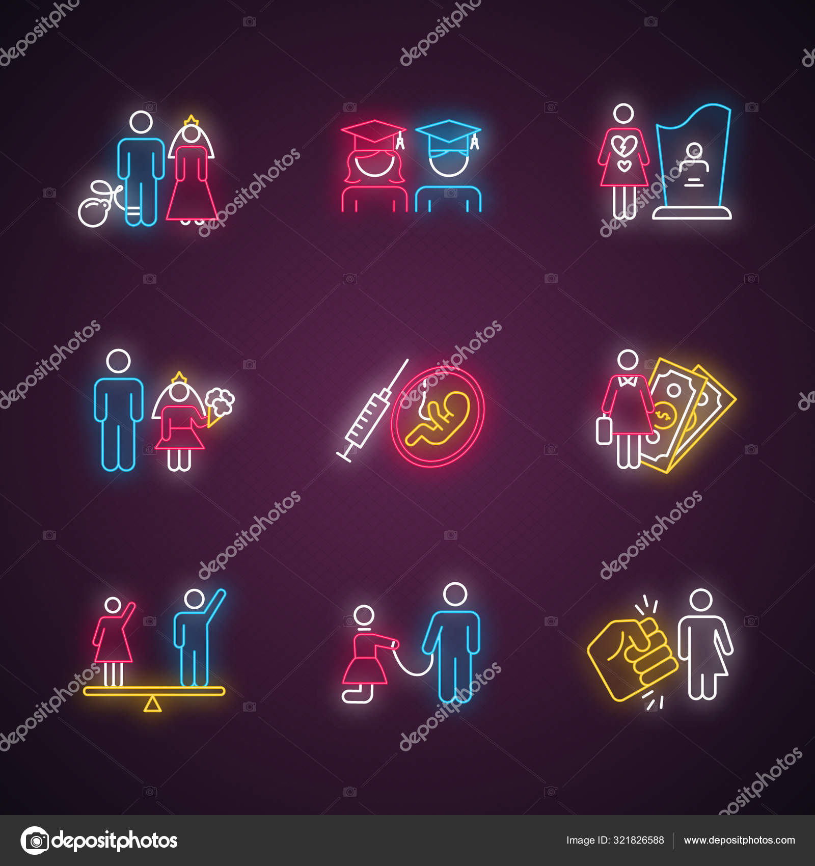 Gender Equality Neon Light Icons Set Forced Marriage Education Equality ...