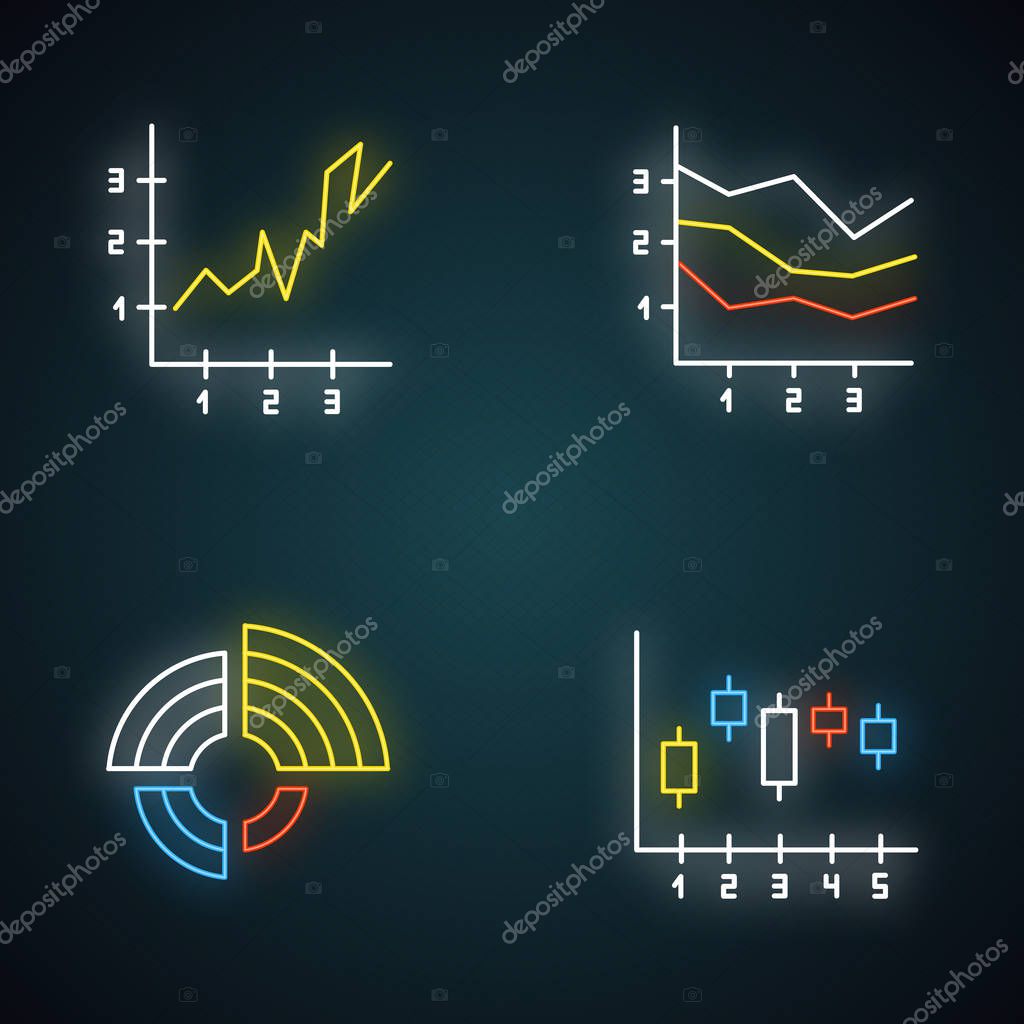 Conjunto de iconos de luz de neón gráfico y gráfico. Diagrama radial ...