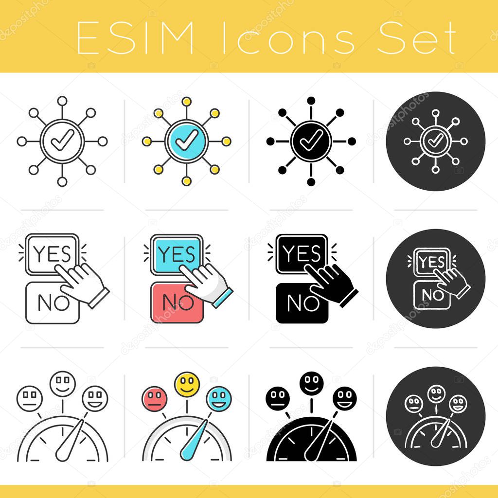 Conjunto de iconos de encuesta. Respuesta correcta. Sí y sin botones ...