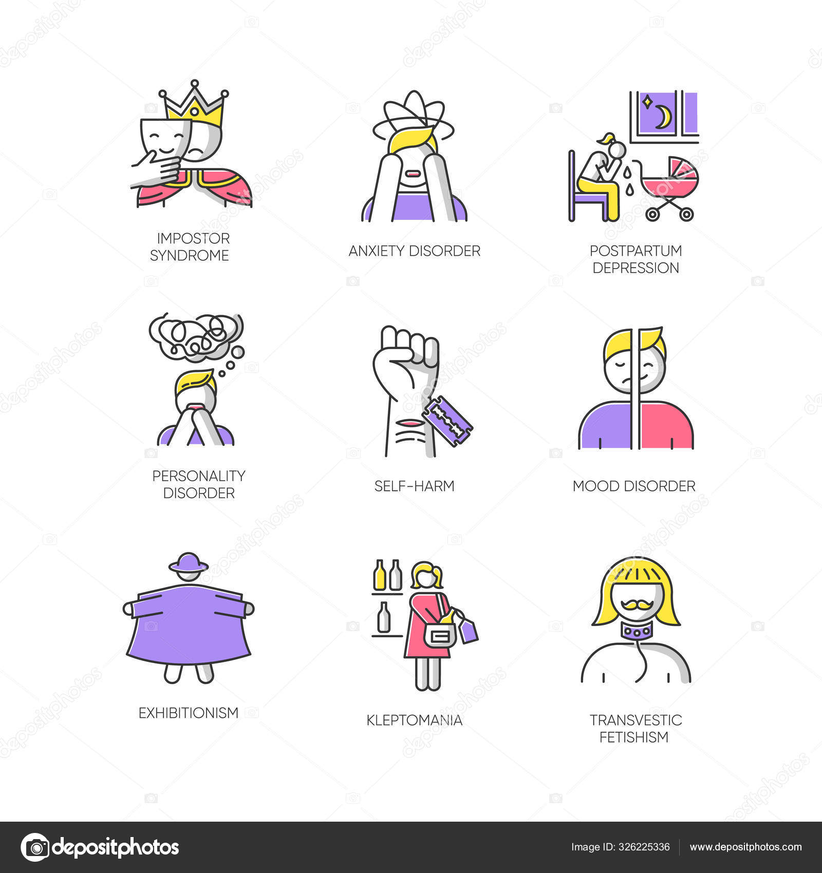 Mental Disorder Color Icons Set Impostor Syndrome Anxiety Postpartum ...