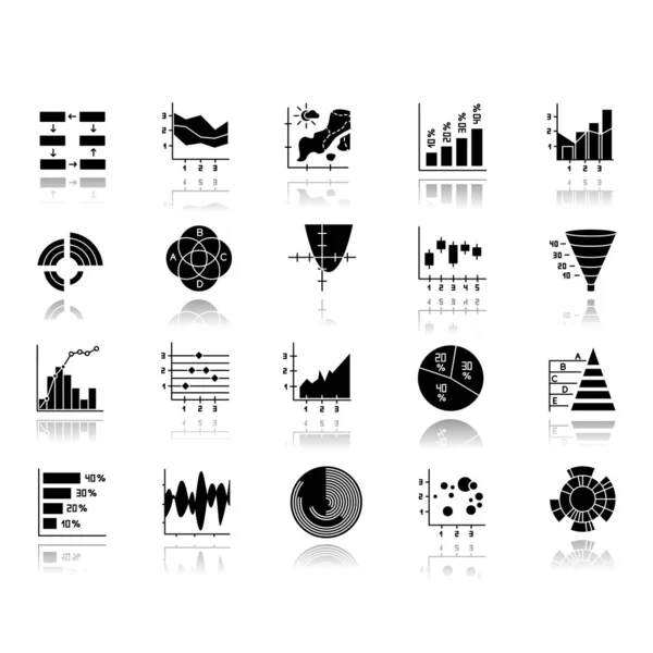 Chart and graph drop shadow black glyph icons set. Pie, Venn diagram ...