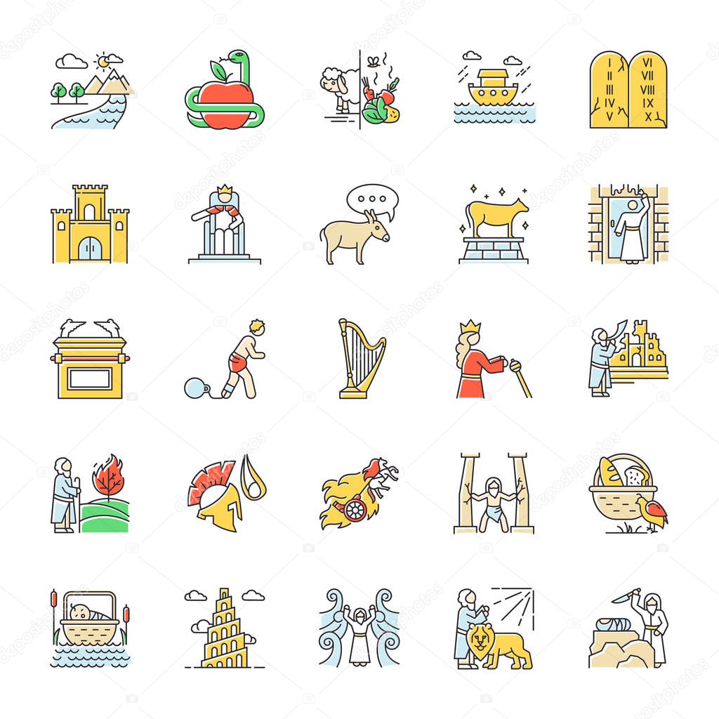 Conjunto de iconos de color de narrativas bíblicas. Noah Ark, torre ...