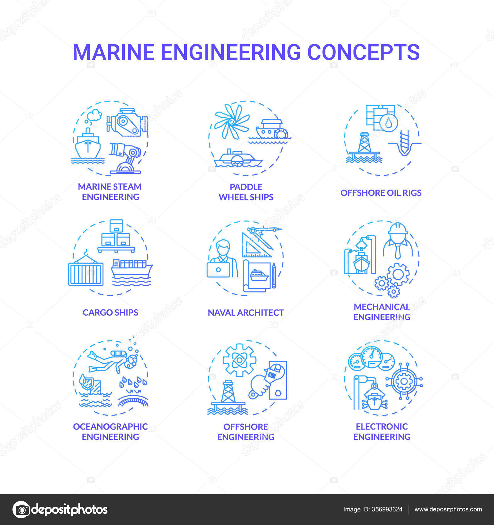 Marine Engineering Blue Concept Icons Set Paddle Wheel Ship Offshore ...