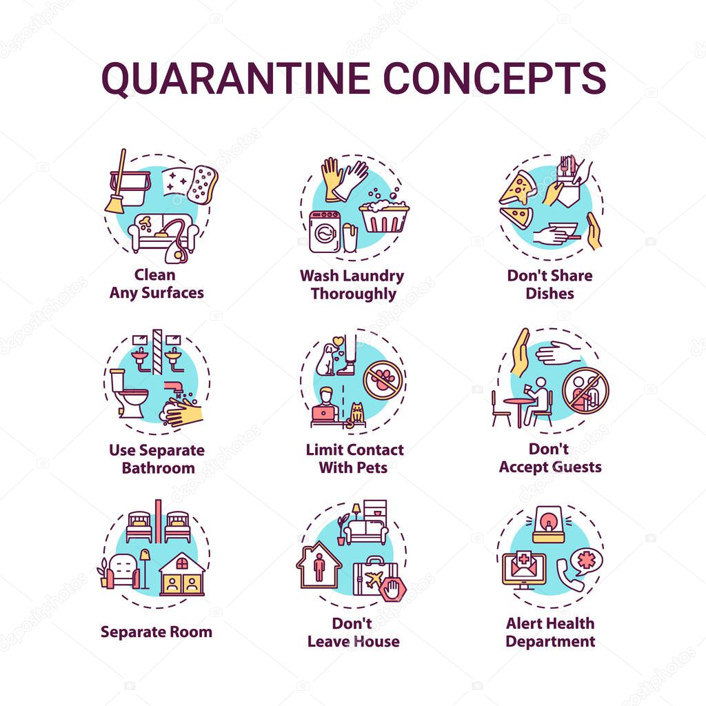 Conjunto de iconos de concepto de cuarentena. Limpiar superficies ...