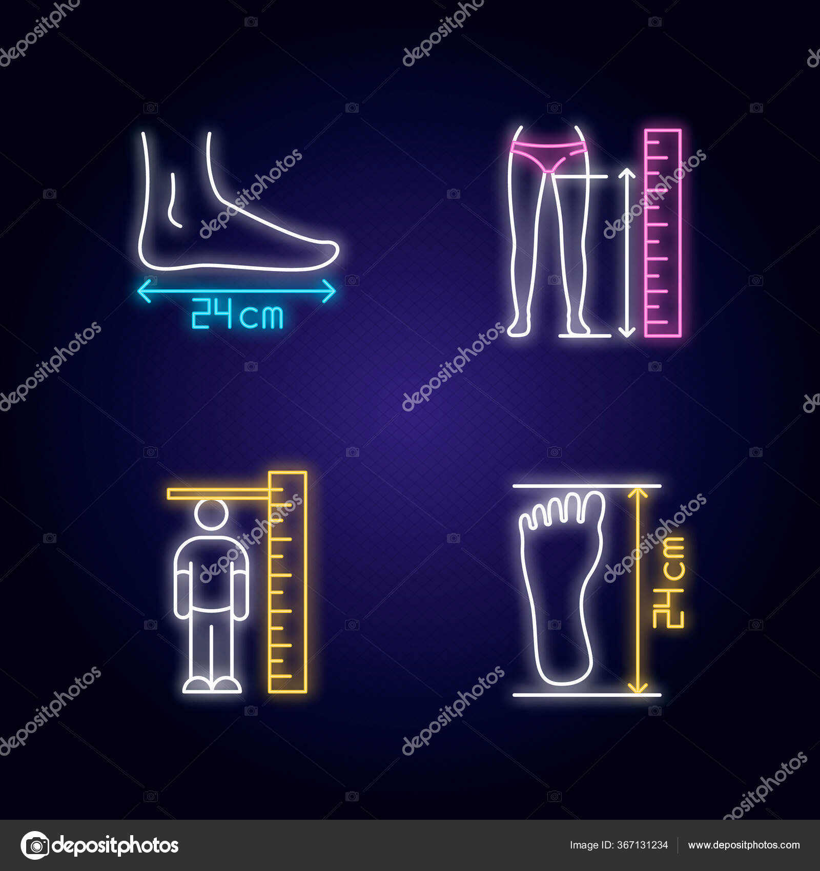 Body Measurement Neon Light Icons Set Leg Foot Length Human Stock ...