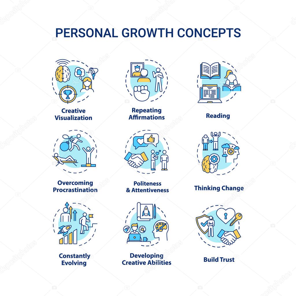 Conjunto de iconos de crecimiento personal. Auto mejora, metas logro ...