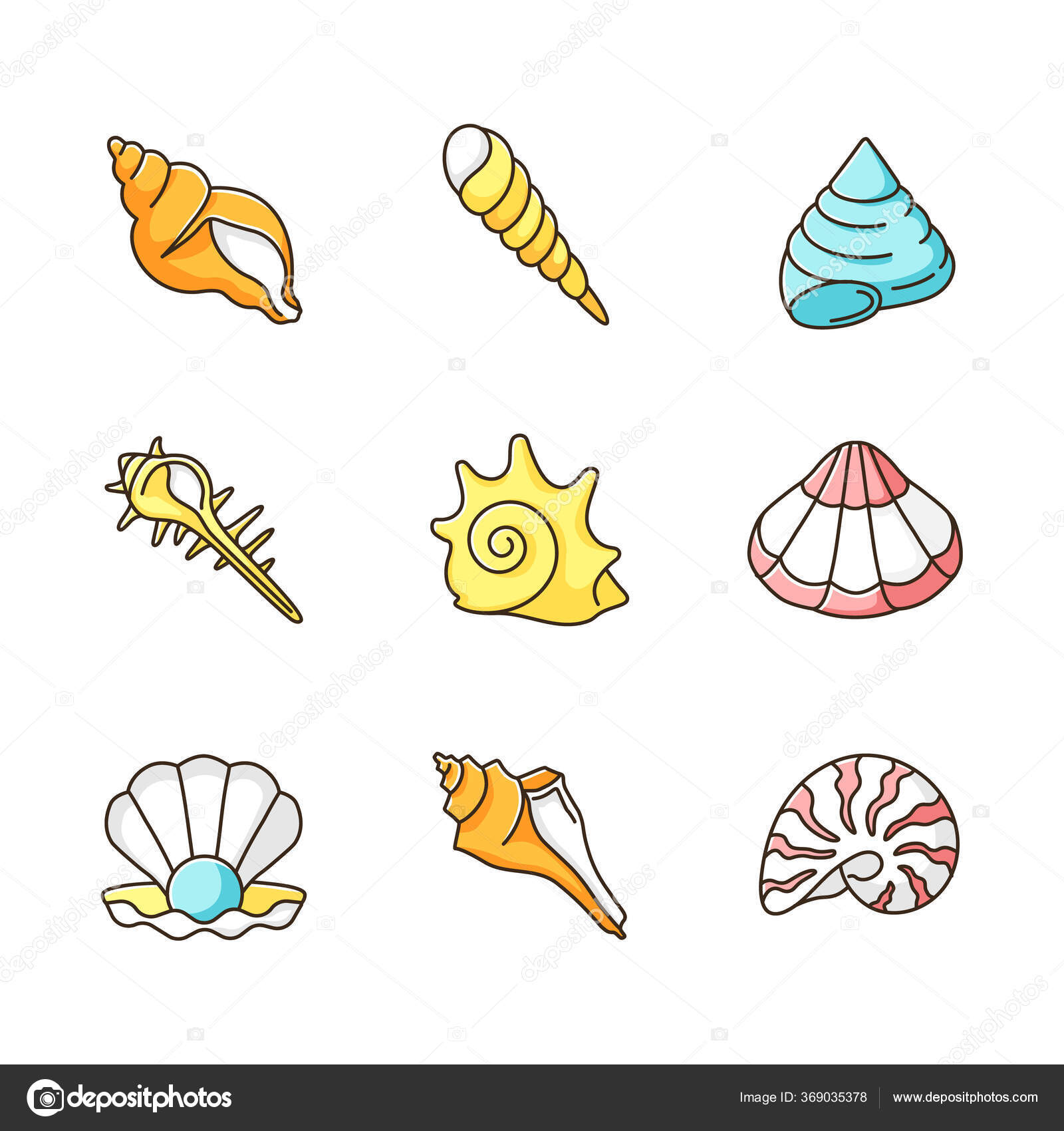 Sea Shells Rgb Color Icons Set Various Molluscan Shells Conchology ...