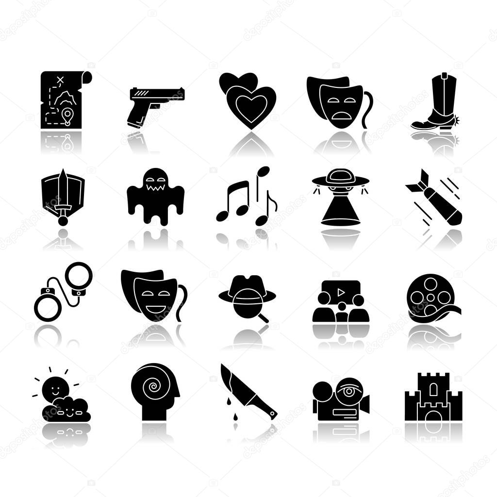 Géneros de películas gota sombra negro glifo iconos conjunto ...