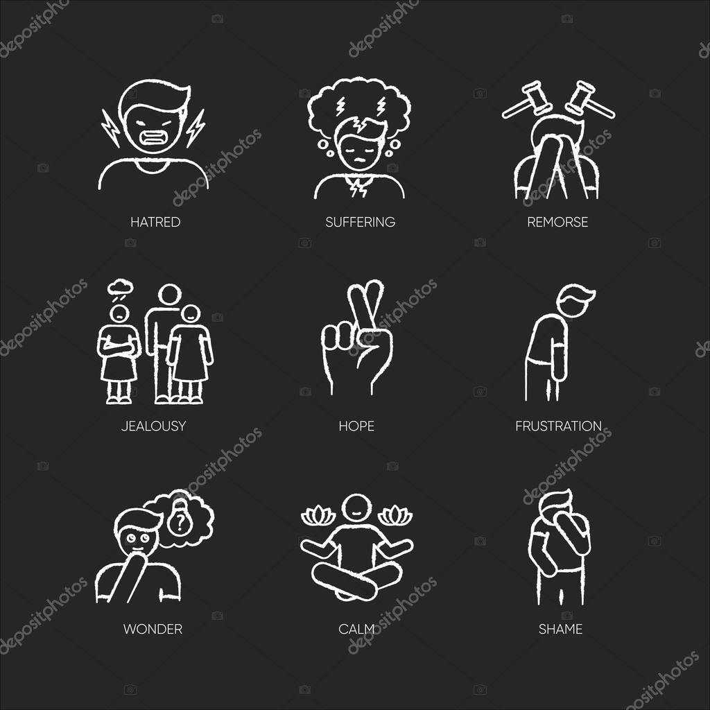 Sensación de tiza iconos blancos establecidos sobre fondo negro ...