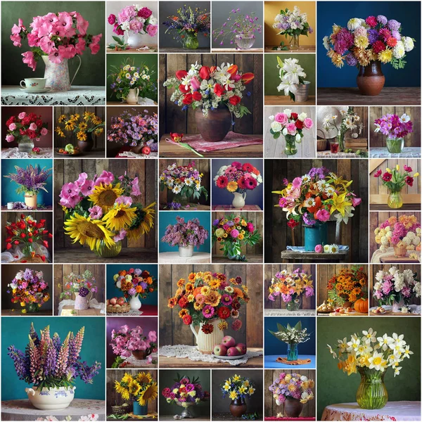 Collage from still lifes with bouquets. Flower background. Stock Photo ...