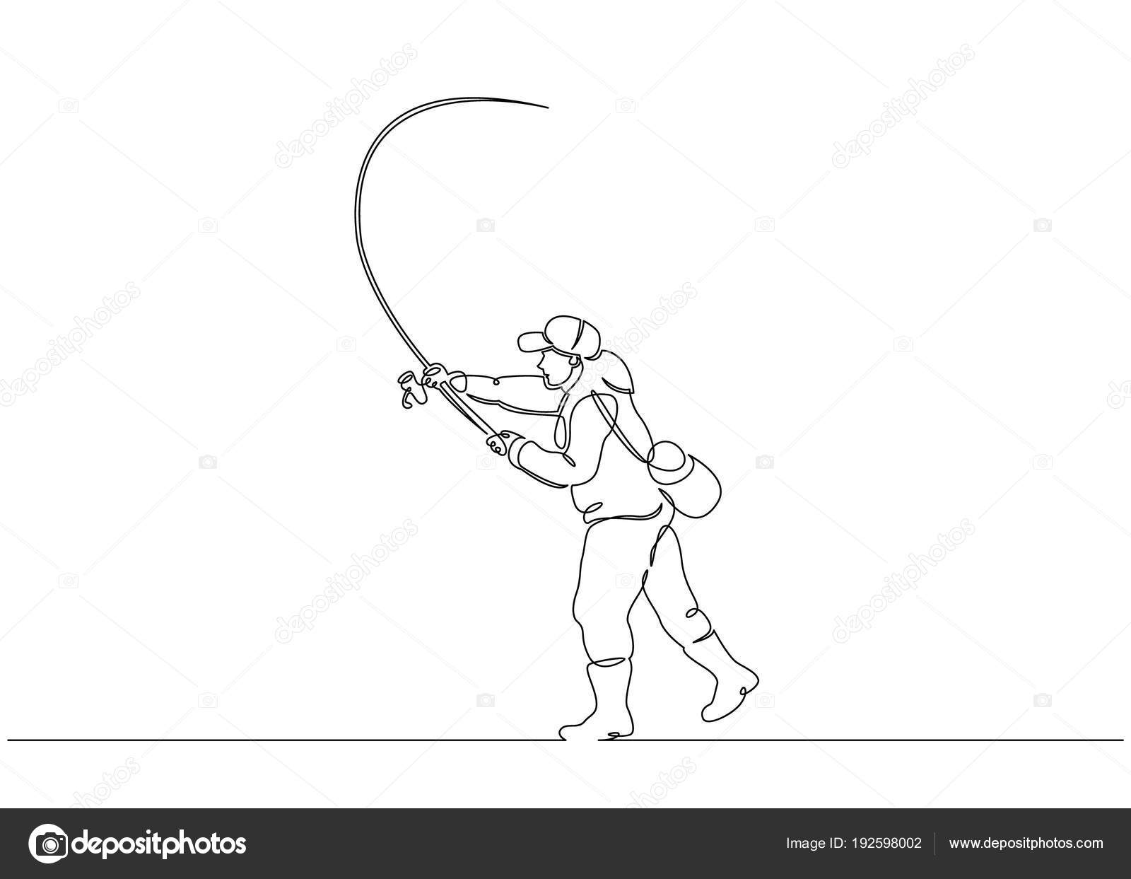 Continuous single drawn one line fisherman in a boat and pier on a ...