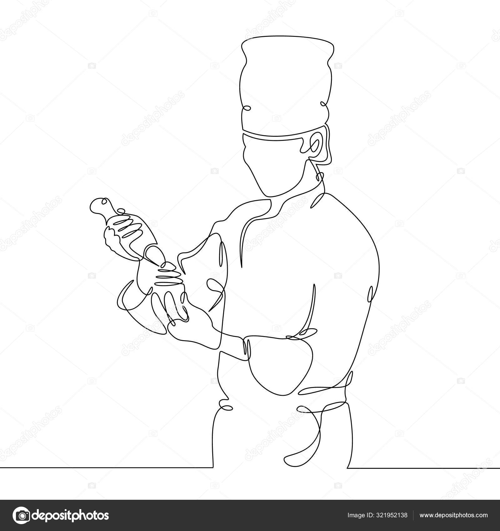 Continuous line drawing of chef cooking gourmet meal, prepping food ...