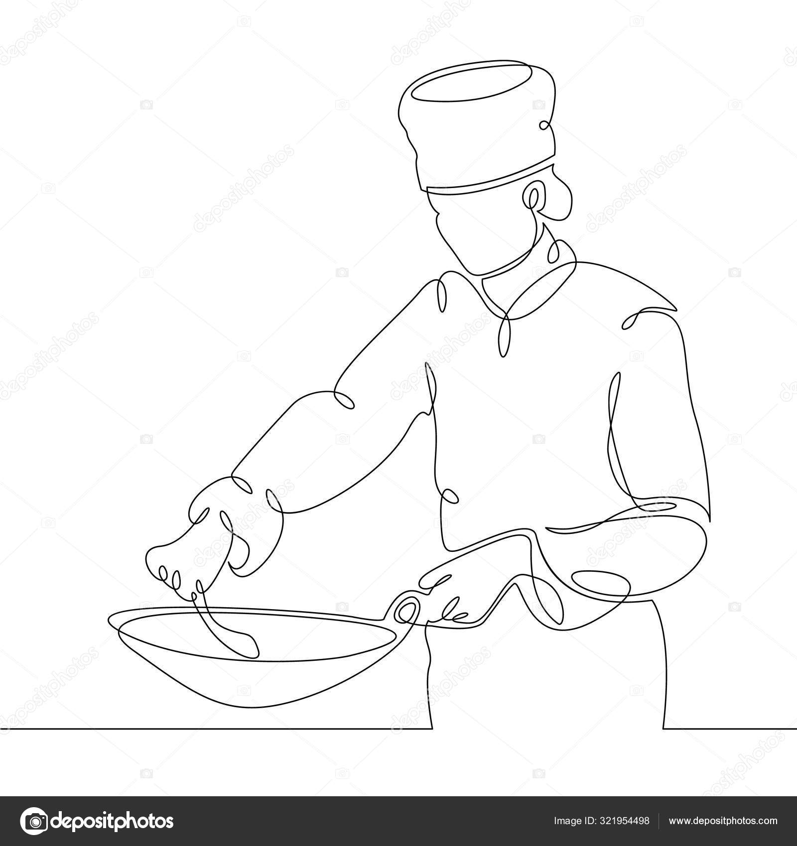Continuous line drawing of chef cooking gourmet meal, prepping food ...