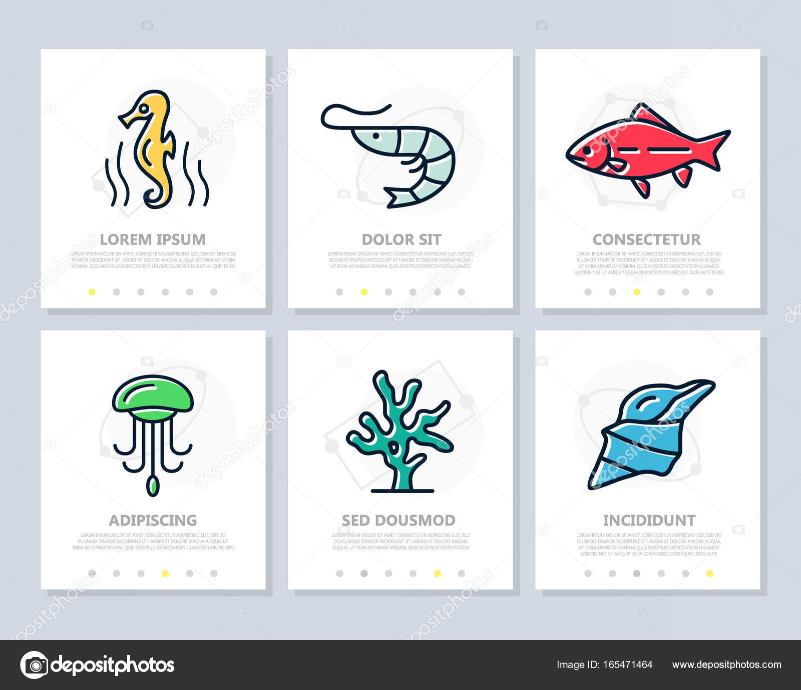 Set of fish and sea food colored elements for multipurpose a4 ...