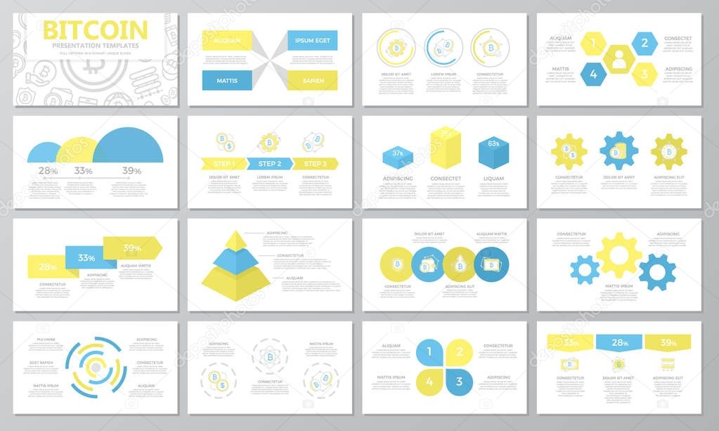 Conjunto de dinero digital y bitcoin, elementos criptomoneda para diapositivas de plantillas de ...