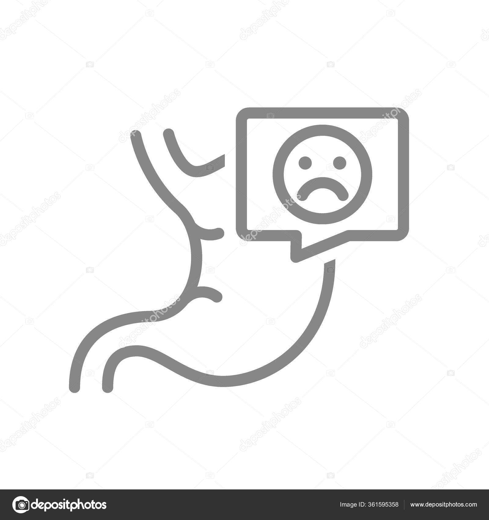 Stomach with sad face in speech bubble line icon. Disease ...