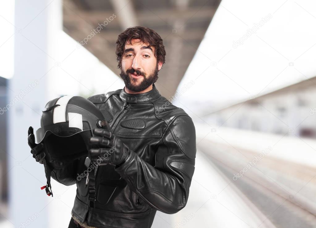 Happy biker with motorcycle helmet — Stock Photo © kues #128865418