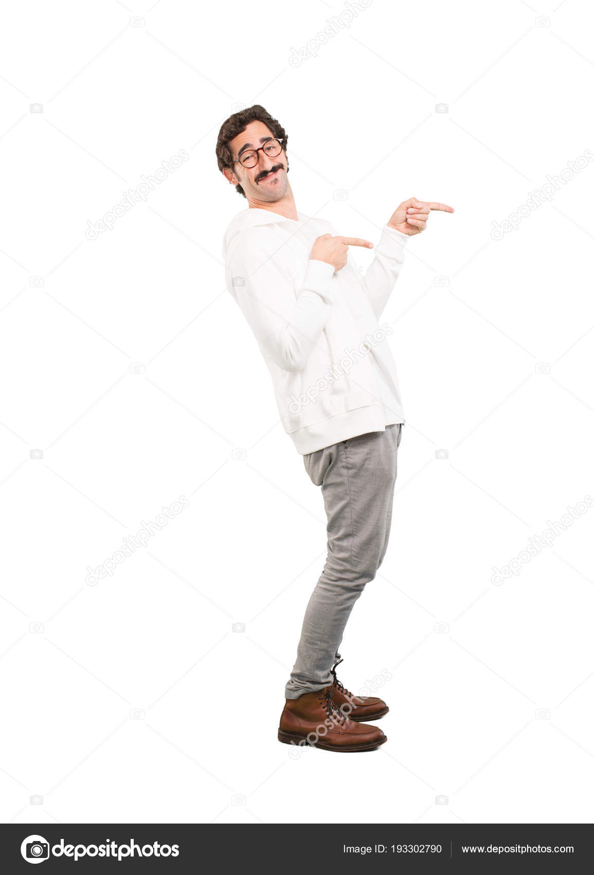 Young Crazy Man Pointing Empty Place Present Your Concept Full — Stock ...