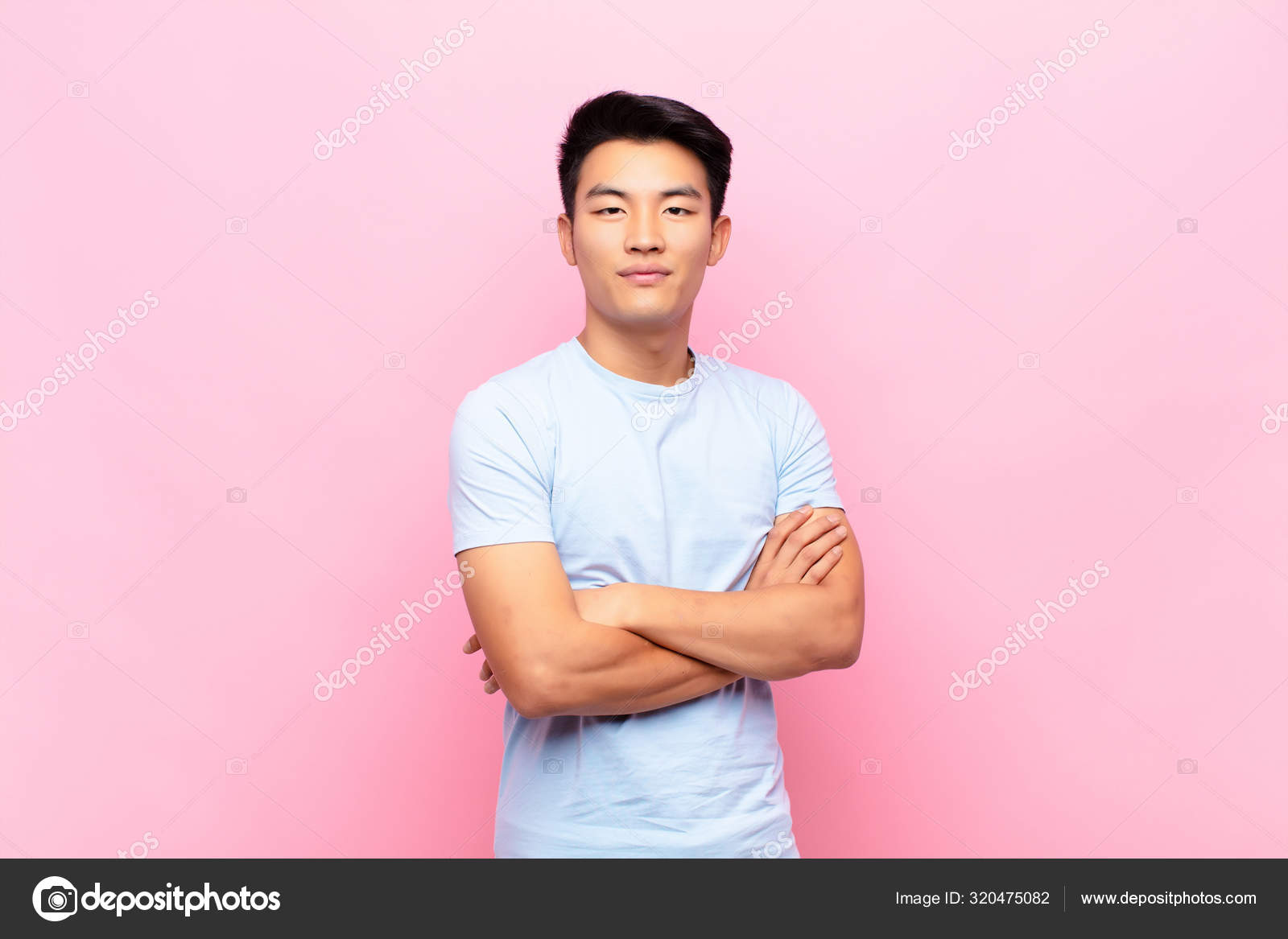 Young Chinese Man Smiling Camera Crossed Arms Happy Confident Satisfied ...