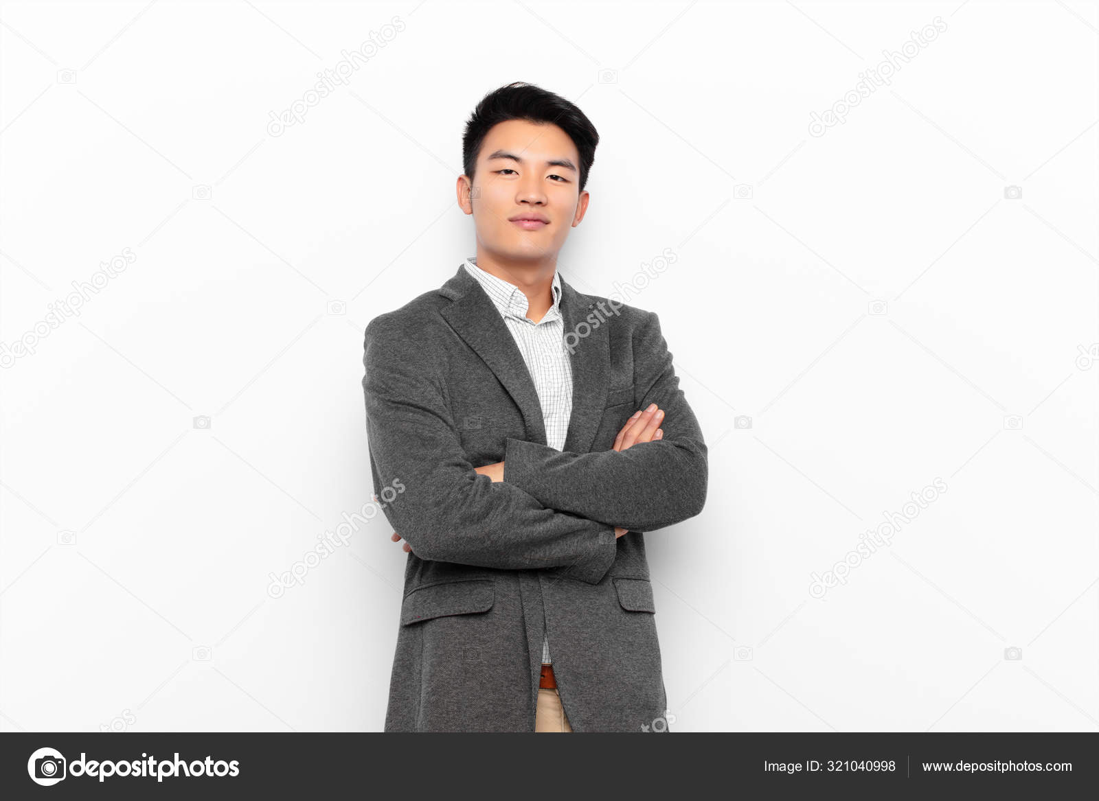 Young Chinese Man Smiling Camera Crossed Arms Happy Confident Satisfied ...