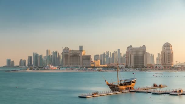A panoramic view of the old dhow harbour timelapse in Doha, Qatar, with ...
