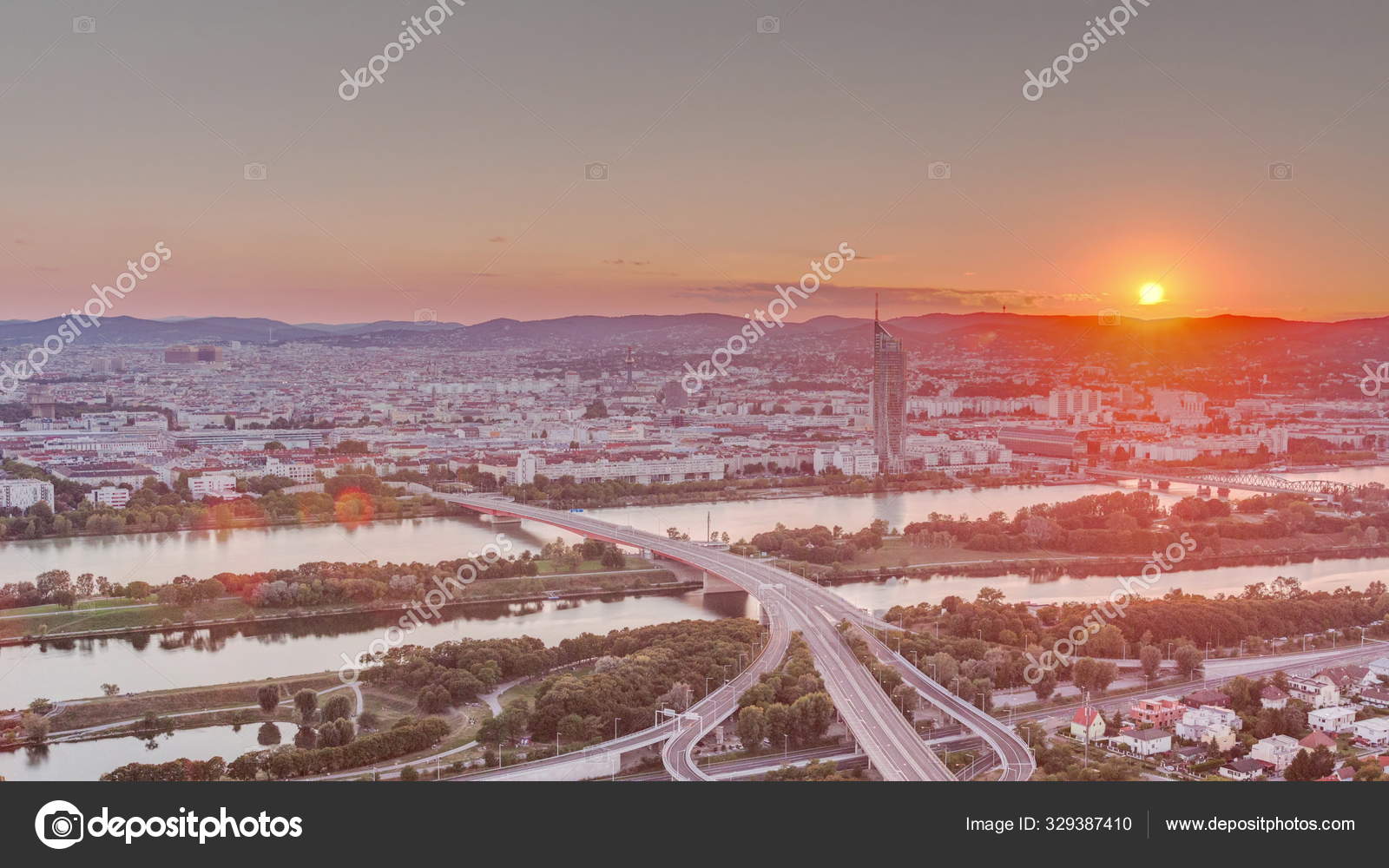 Aerial panoramic view of sunset over Vienna city with skyscrapers ...