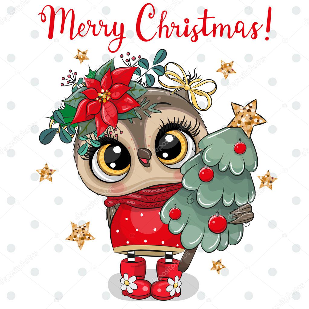 Lindo búho de dibujos animados con árbol de Navidad sobre un fondo ...