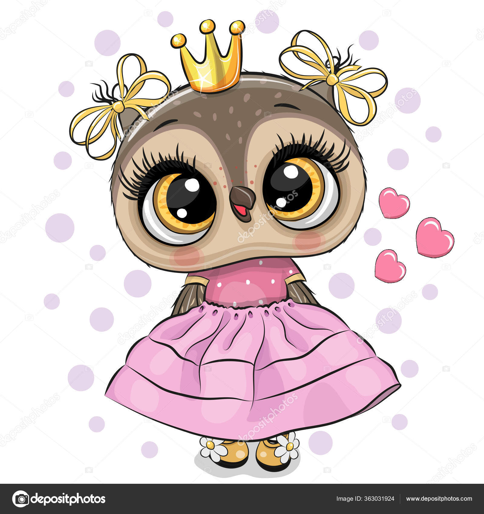 Cute Cartoon Owl Princess Pink Dress Hearts Isolated White Background ...