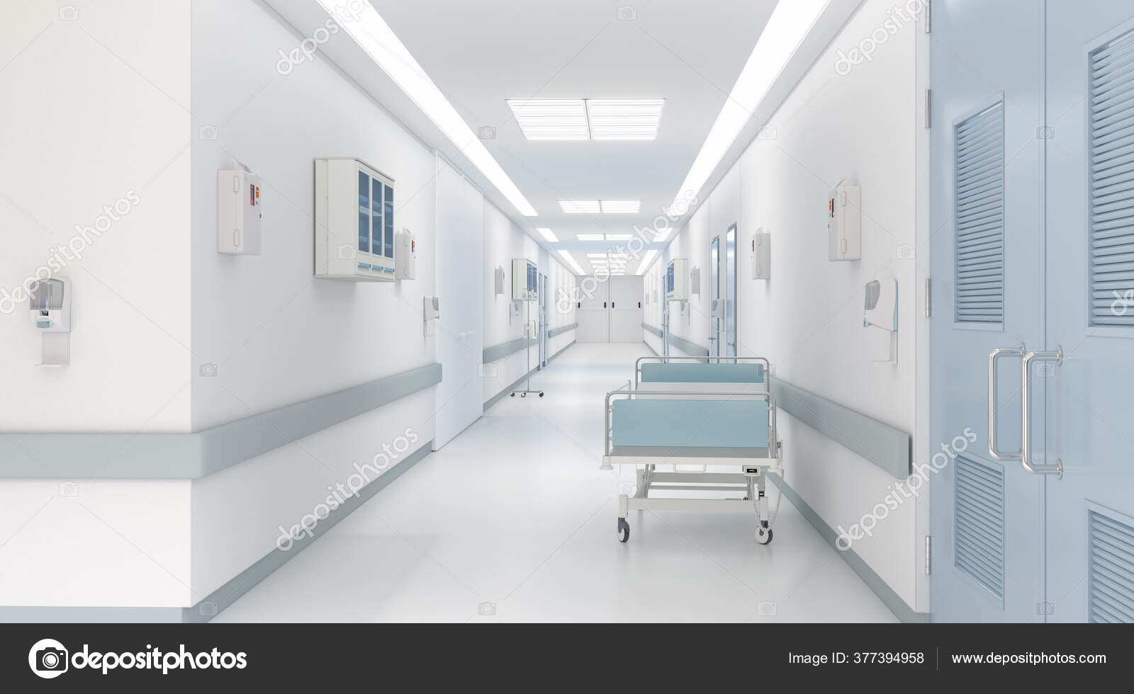Long corridor with medical bed in modern hospital. 3D illustration ...