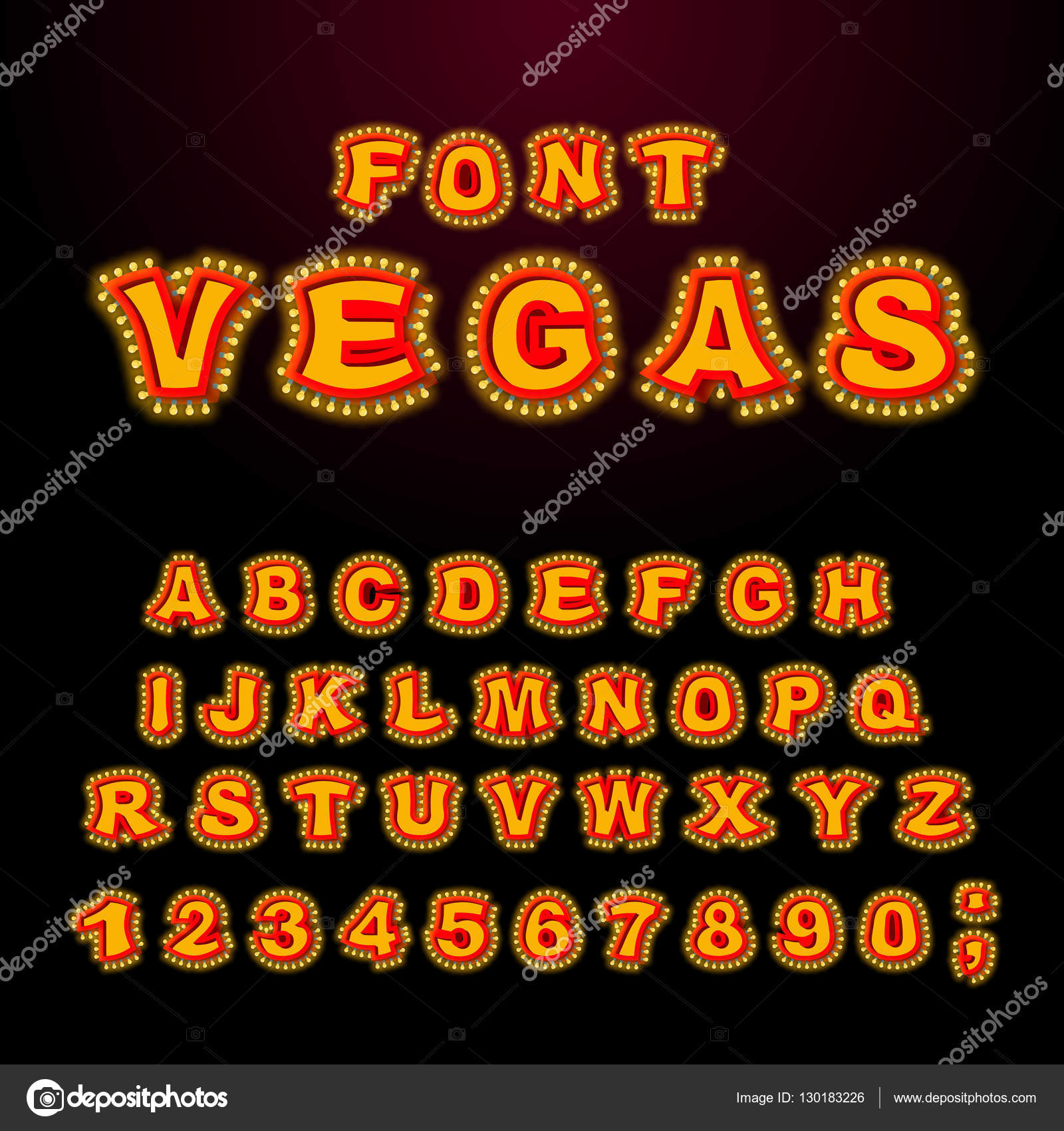 Vegas font. Glowing lamp letters. Retro Alphabet with lamps. Vin Stock ...