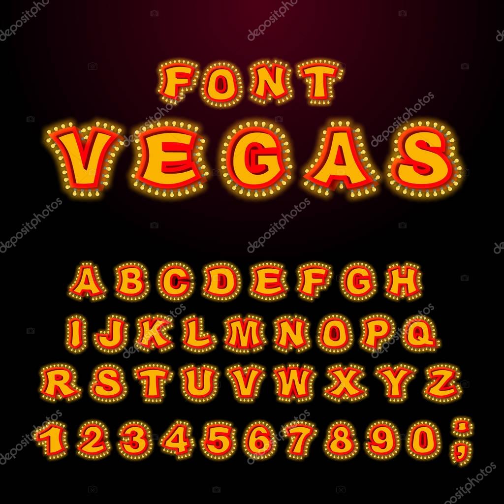 Fonte de Vegas. Letras brilhantes. Alfabeto retrô com lâmpadas. Vin ...