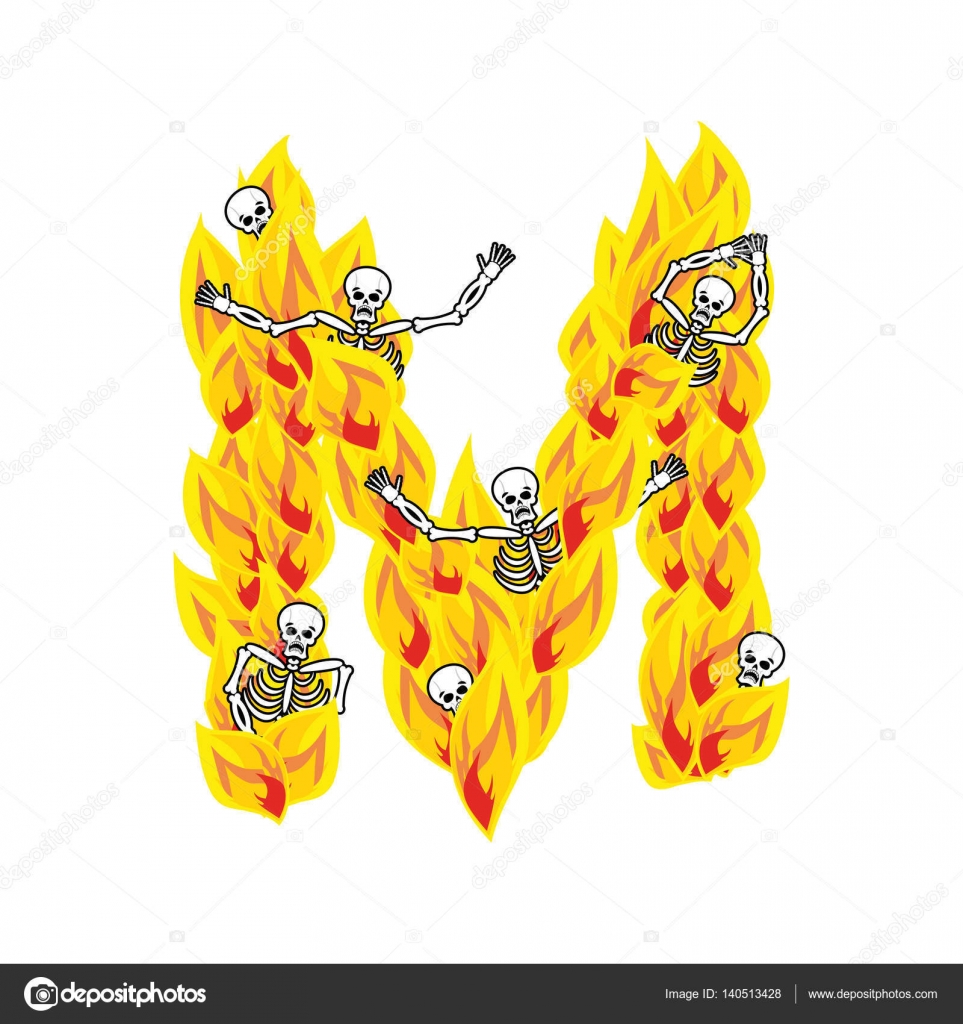 Letter M hellish flames and sinners font. Fiery lettering. Infer Stock ...