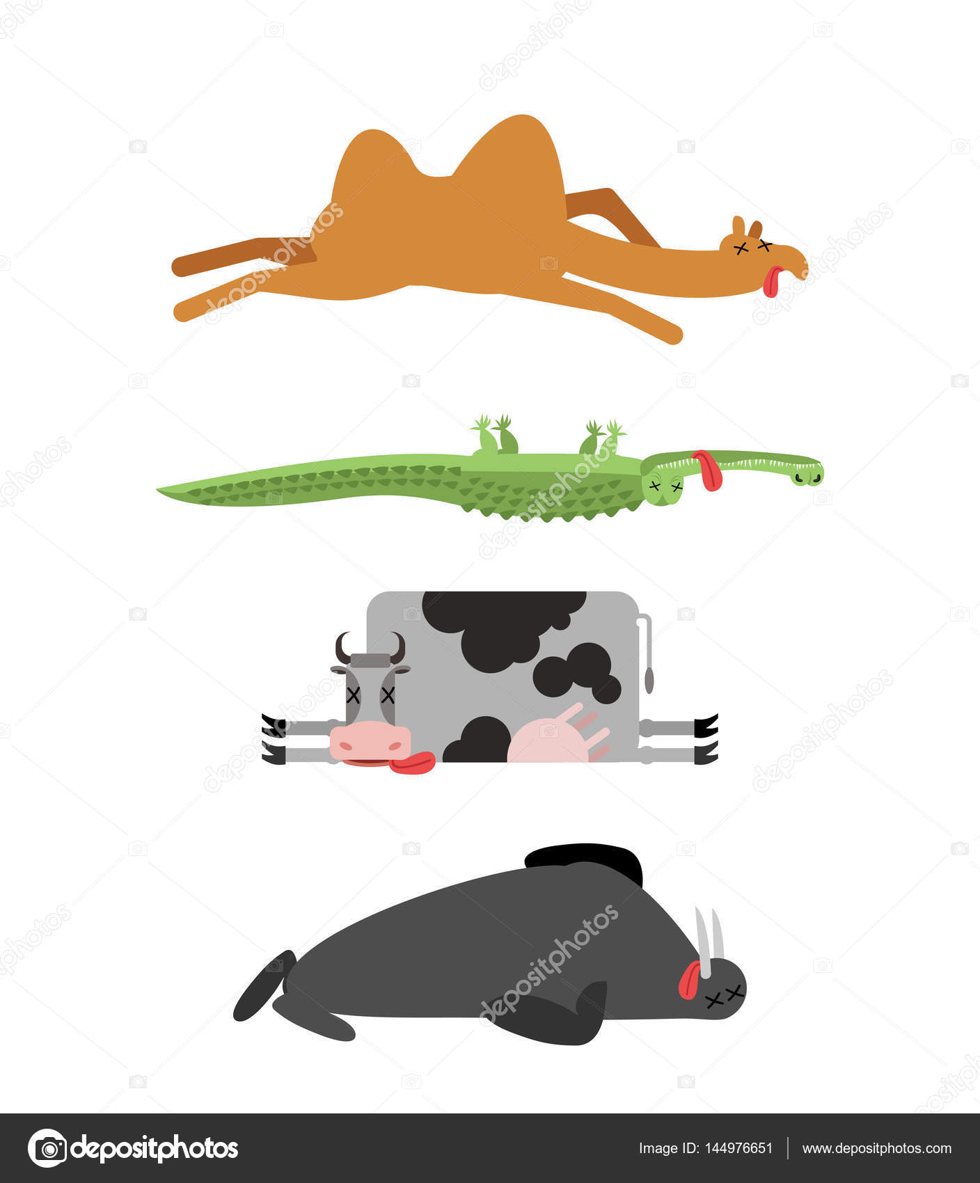 Animales muertos 4. Camello y cocodrilo. Vaca y morsa. animal Vector de ...