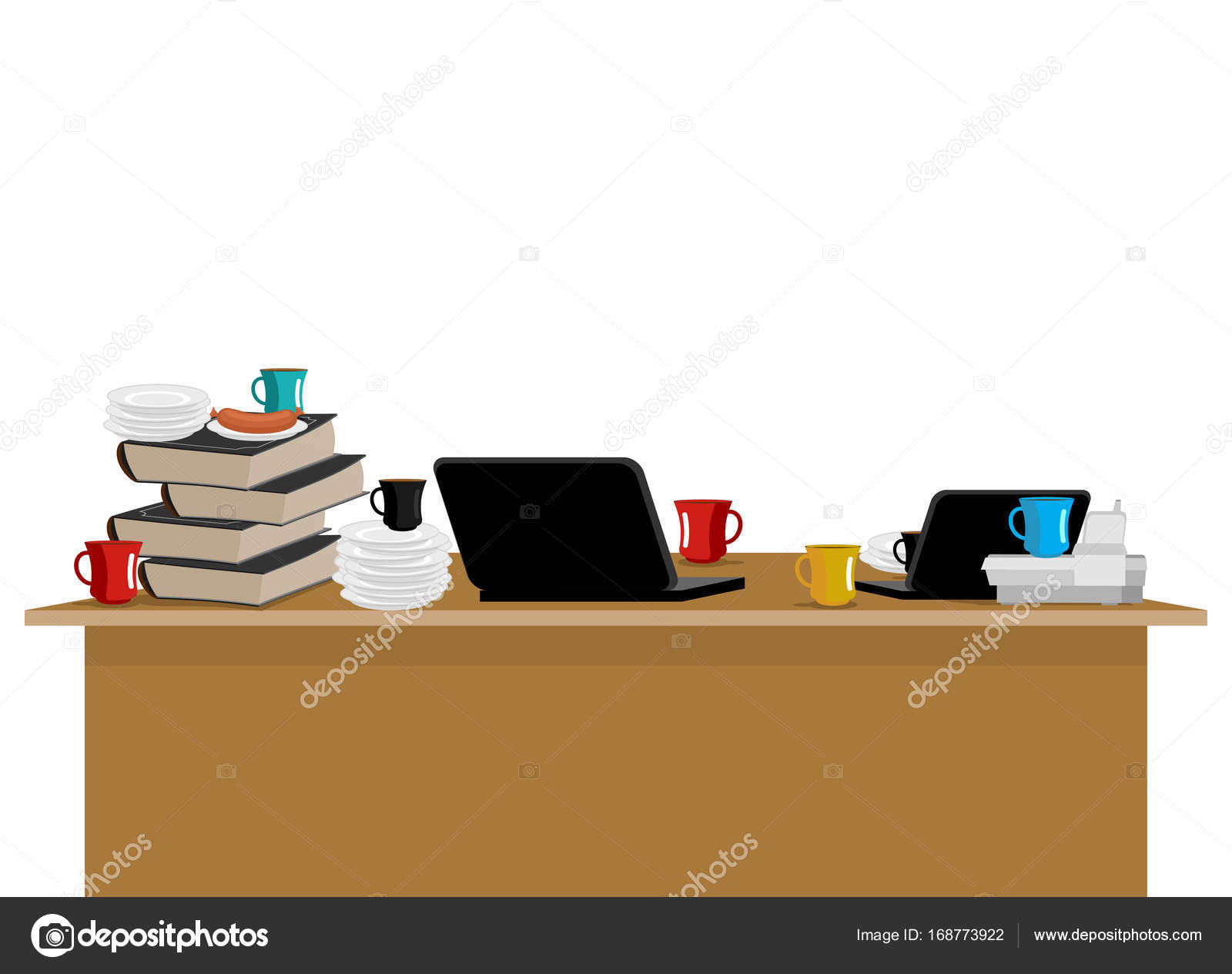 Mess in workplace. Computer freelancer. Dirty dishes and laptop. Stock ...