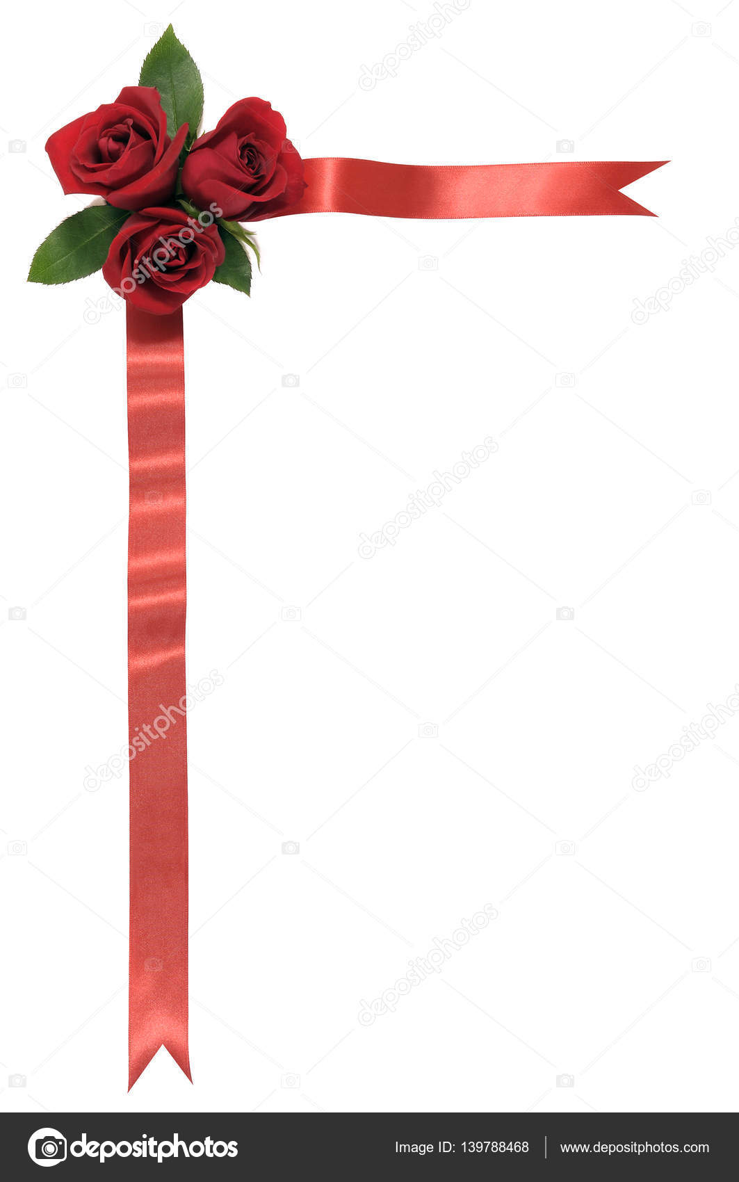 Floral corner border frame, red roses, ribbon, vertical — Stock Photo ...