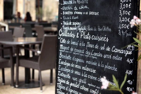 French restaurant in Paris france with menu board. — Stock Photo ...